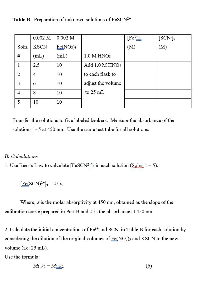 Solved Table A. Preparation of Standard solutions of FeSCN2+ | Chegg.com