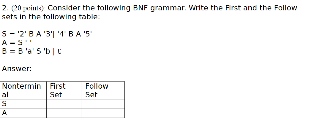 Solved 2. (20 points): Consider the following BNF grammar. | Chegg.com