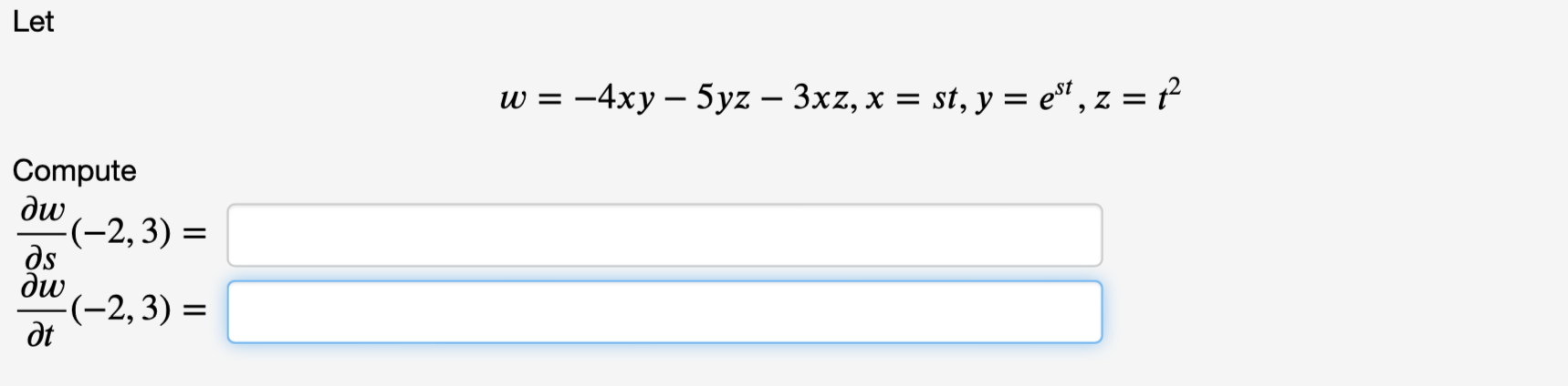 Solved Let Compute δω əs δω Ət -(-2, 3) = -(-2,3)= w = -4xy | Chegg.com