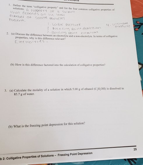 Solved 1. Define the term "colligative property" and list | Chegg.com