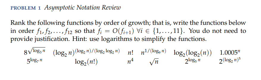 Solved PROBLEM 1 Asymptotic Notation Review Rank the | Chegg.com