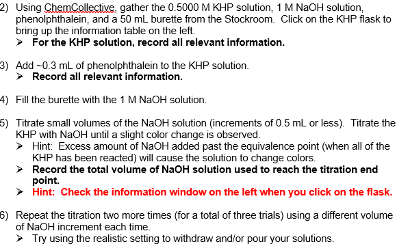 2) Using ChemCollective, gather the 0.5000 M KHP | Chegg.com