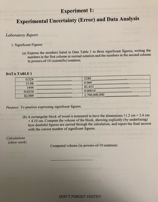 Solved Experiment 1: Experimental Uncertainty (Error) and | Chegg.com