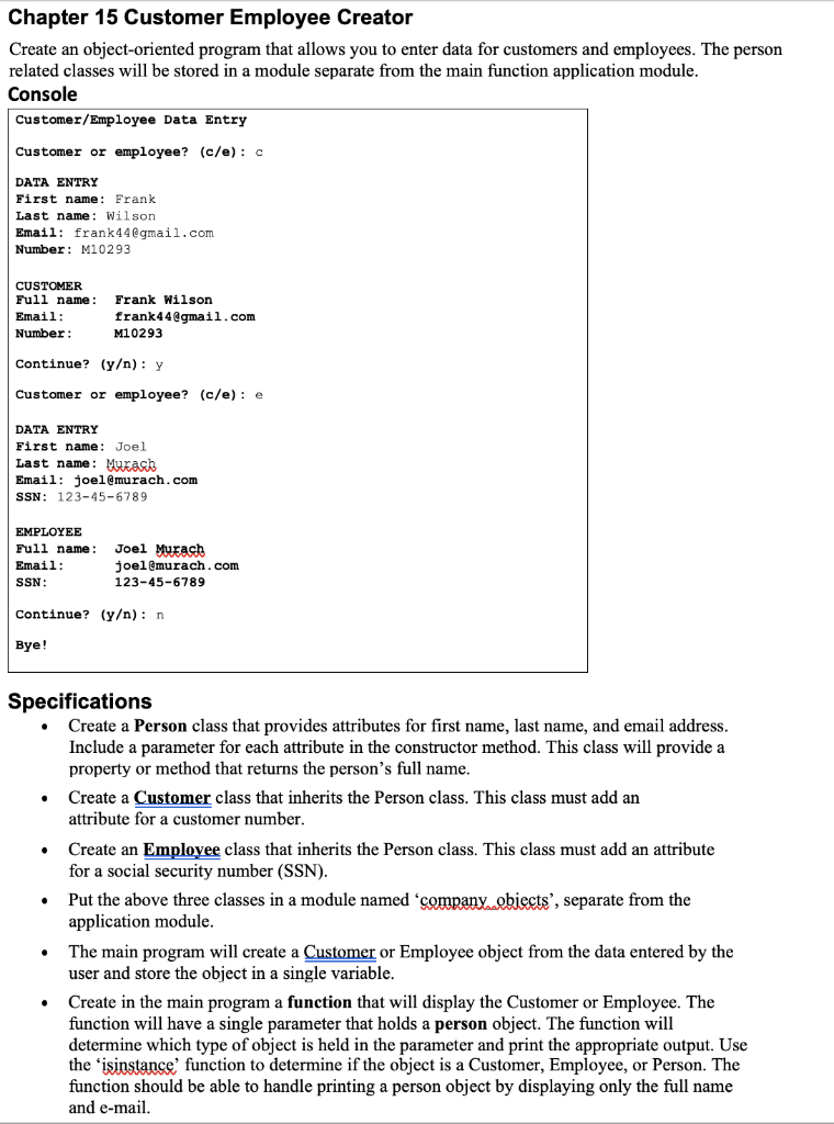 Solved Chapter 15 Customer Employee Creator Create an | Chegg.com