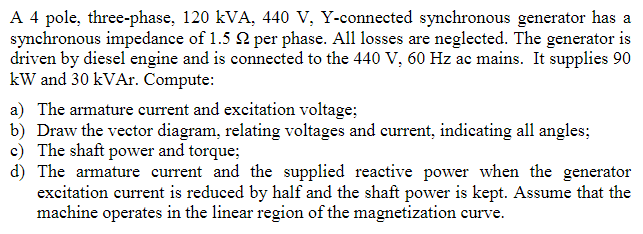 Solved A 4 pole, three-phase, 120kVA,440 V, Y-connected | Chegg.com