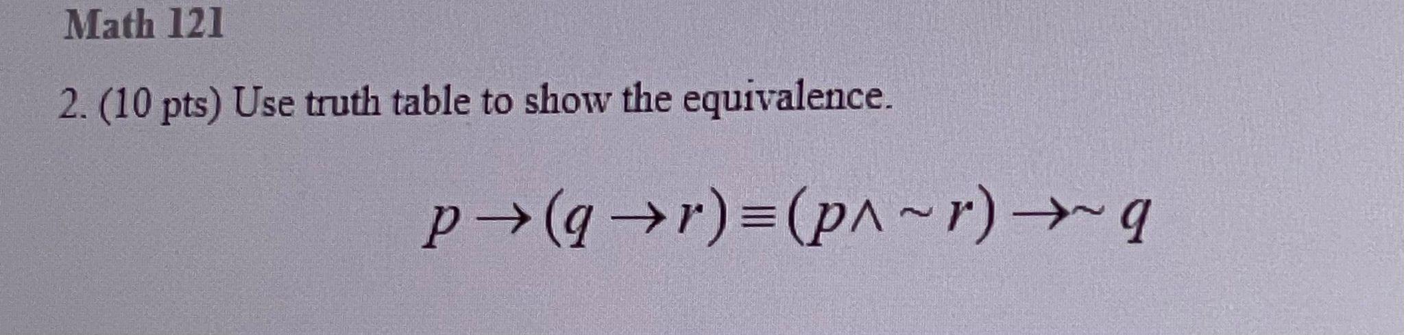 Solved Math 121 2. (10 pts) Use truth table to show the | Chegg.com