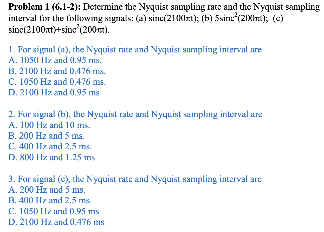 Solved Problem 1 (6.1-2): Determine the Nyquist sampling | Chegg.com