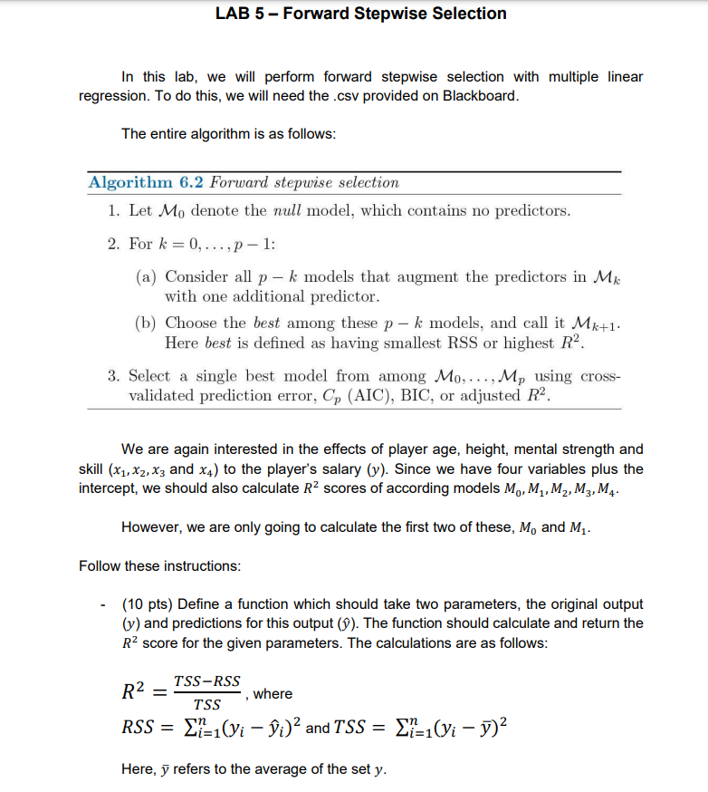 LAB 5 - Forward Stepwise Selection In this lab, we | Chegg.com