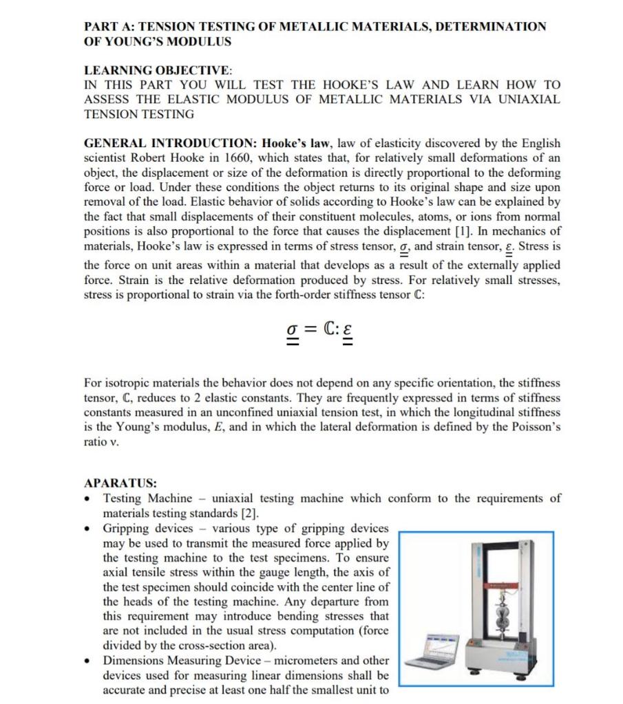 PART A: TENSION TESTING OF METALLIC MATERIALS, | Chegg.com