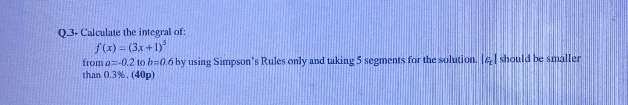 [Solved]: Calculate the integral of: 5 f (x) (3x 1) from a=