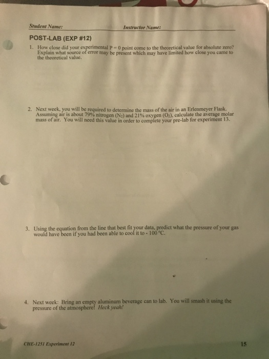 Student Name Instructor Name: POST-LAB (EXP #12) 1. | Chegg.com