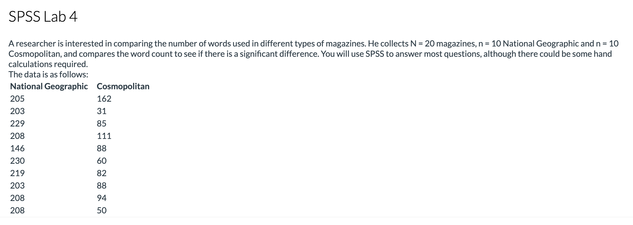 Solved SPSS Lab 4A researcher is interested in comparing the | Chegg.com