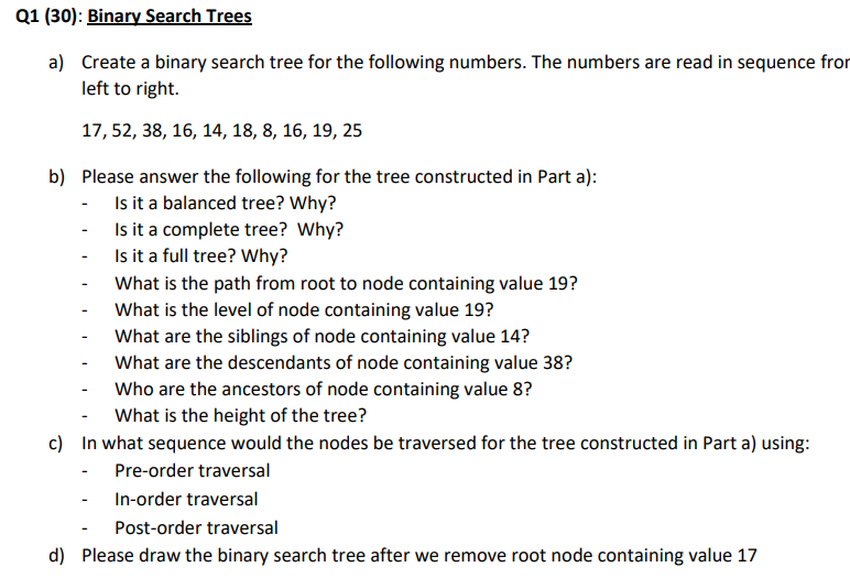 Solved a) Create a binary search tree for the following | Chegg.com