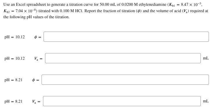 Use an Excel spreadsheet to generate a titration | Chegg.com