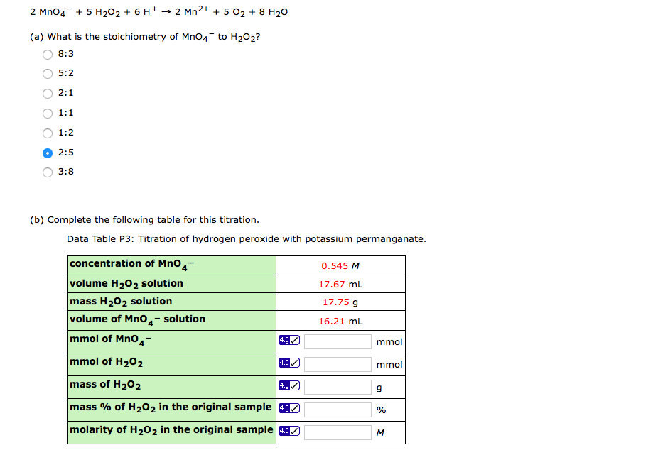 Solved 2 MnO4- + 5 H202 + 6H+ → 2 Mn2+ + 5 O2 + 8 H20 (a) | Chegg.com