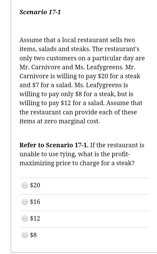 Solved Scenario 17-1 Assume that a local restaurant sells | Chegg.com Solved Scenario 17-1 Assume that a local restaurant sells | Chegg.com