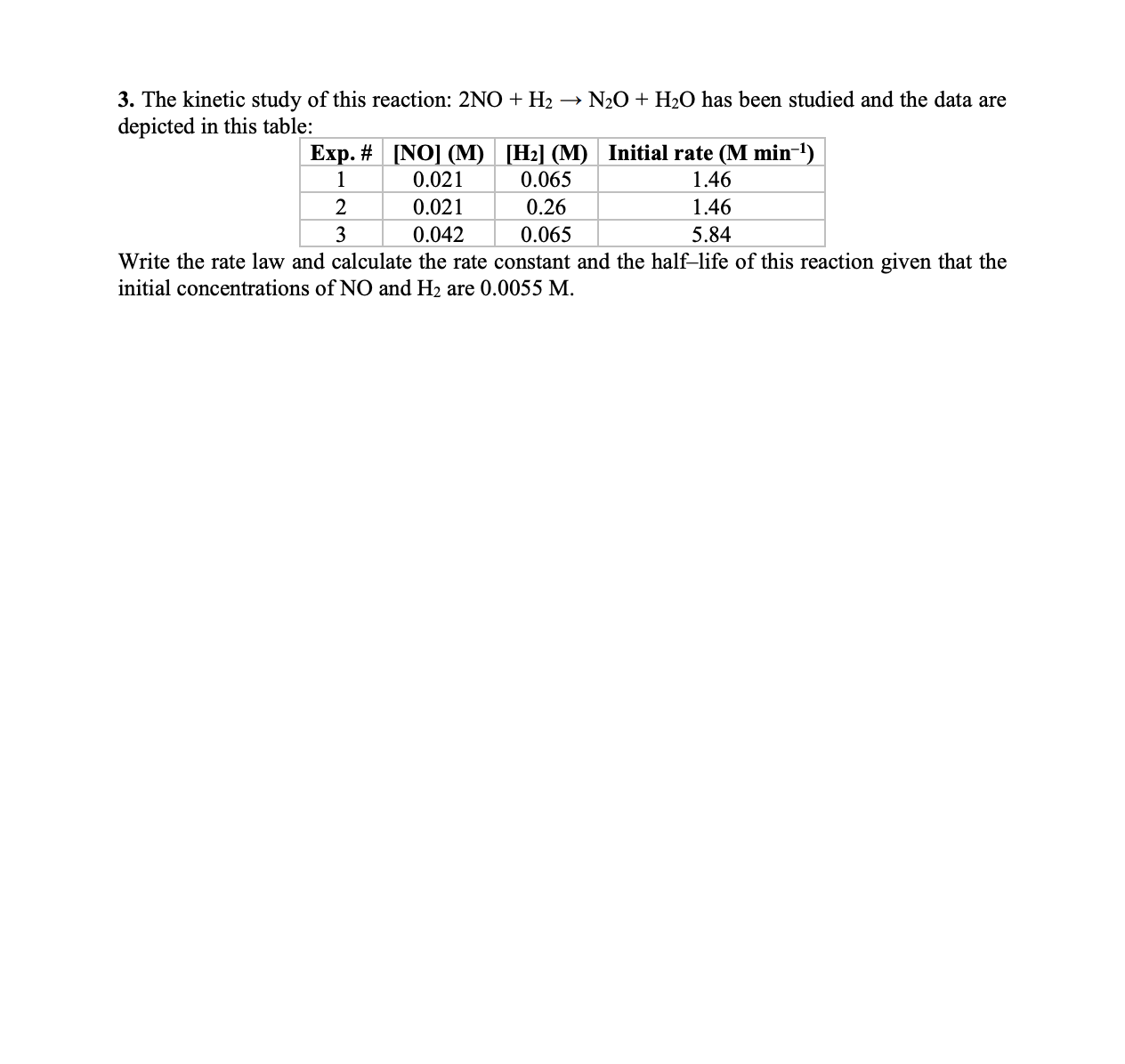 Solved 3. The kinetic study of this reaction: 2NO+H2→N2O+H2O | Chegg.com
