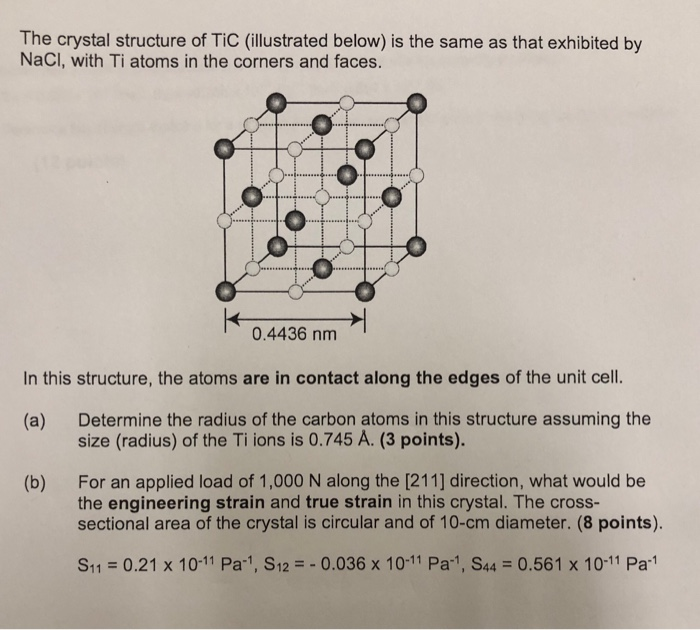 Solved The crystal structure of TiC (illustrated below) is | Chegg.com