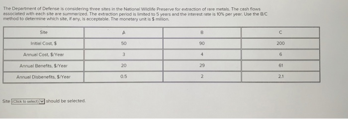 Solved The Department of Defense is considering three sites | Chegg.com
