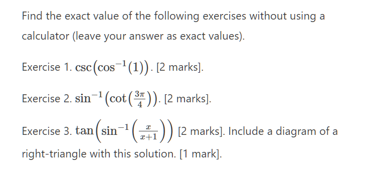 Solved Find the exact value of the following exercises | Chegg.com