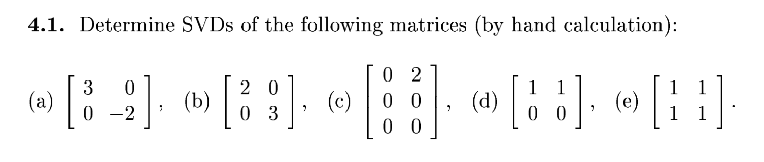 Solved 4.1. Determine SVDs of the following matrices (by | Chegg.com