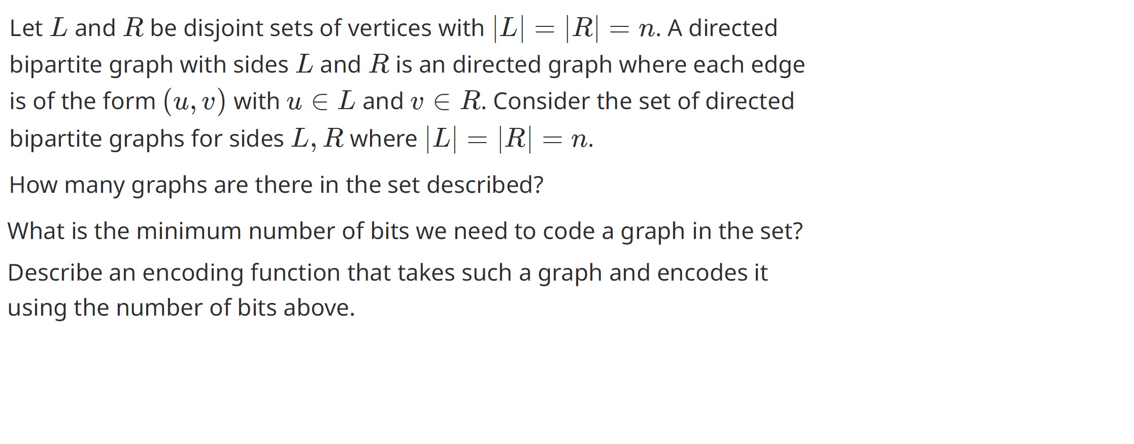 Solved Let L ﻿and R ﻿be disjoint sets of vertices with | Chegg.com