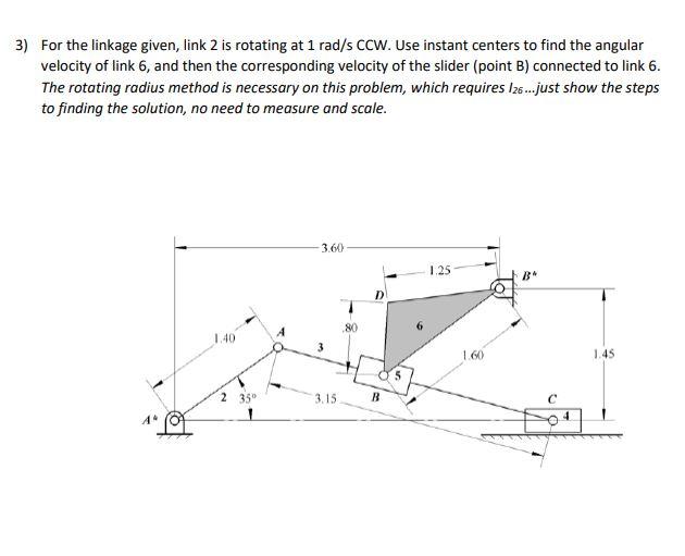 Solved 3) For the linkage given, link 2 is rotating at 1 | Chegg.com