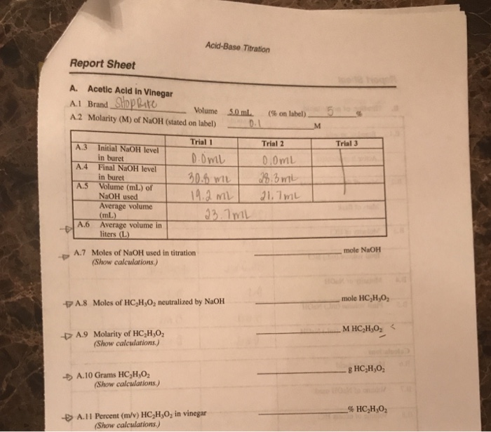 Solved Acid-Base Titration Report Sheet A. Acetic Acid in | Chegg.com