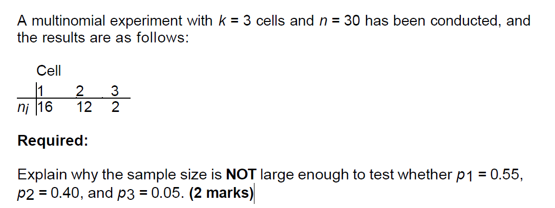 Solved A multinomial experiment with k = 3 cells and n = 30 | Chegg.com