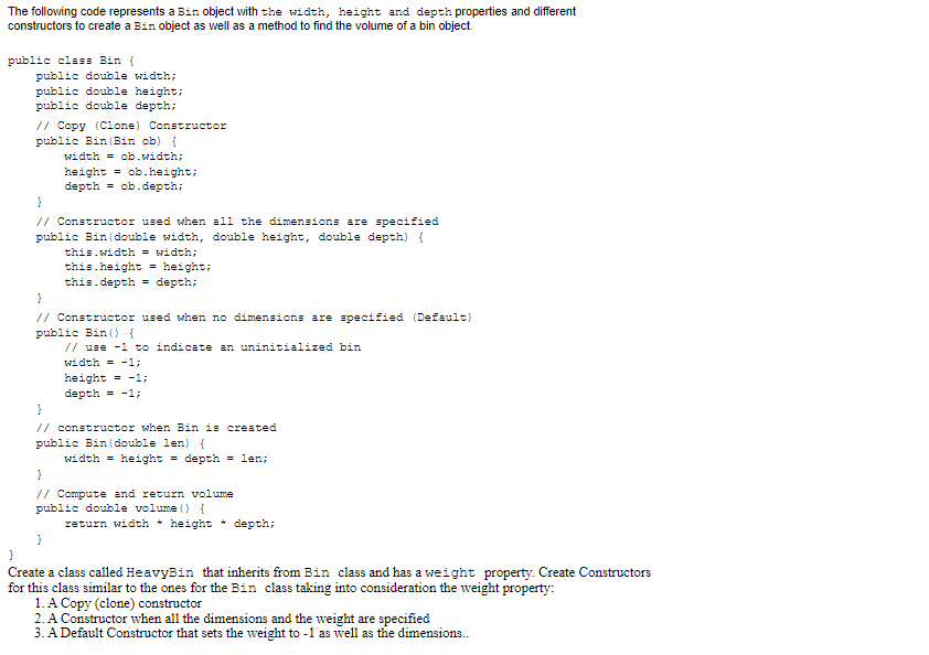 Solved The following code represents a Bin object with the | Chegg.com