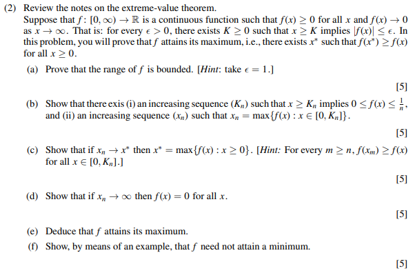 Solved (2) Review the notes on the extreme-value theorem. | Chegg.com