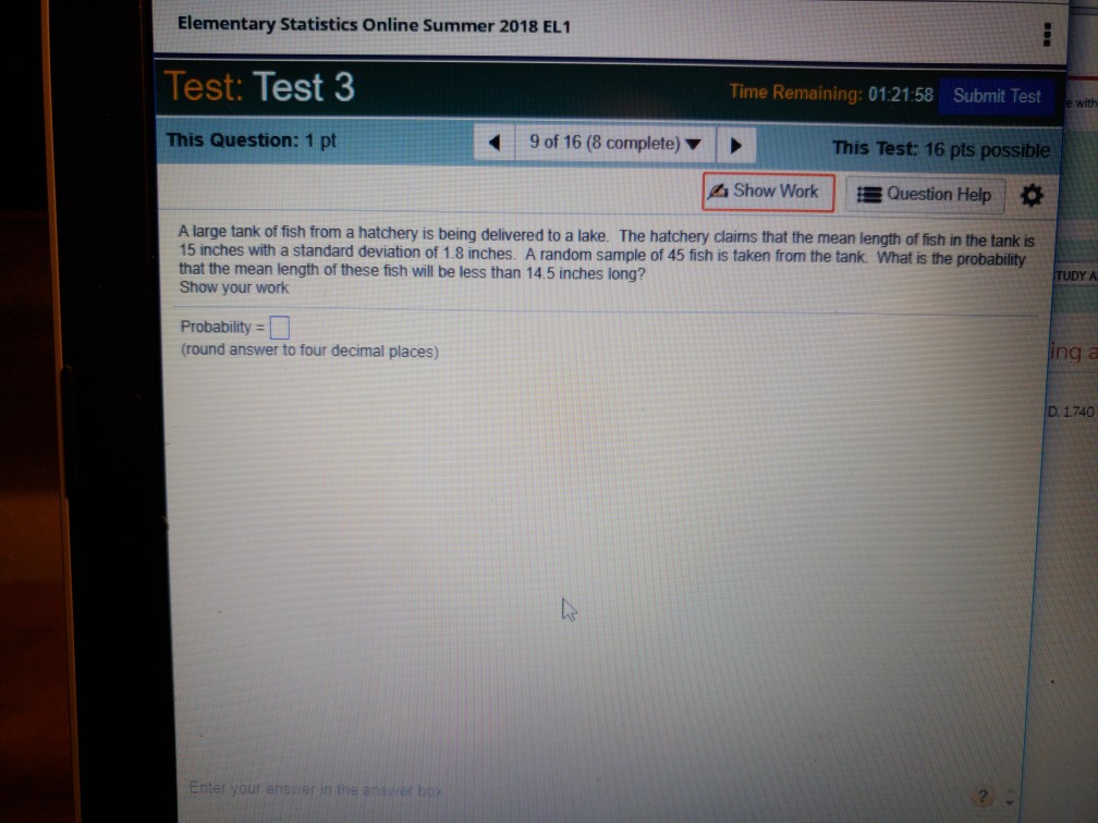 Solved Elementary Statistics Online Summer 2018 EL1 Test: | Chegg.com