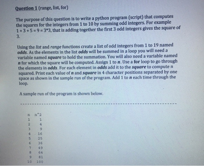 Solved Question 1 (range, list, for The purpose of this | Chegg.com