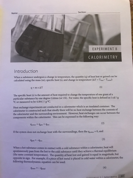 Solved /D EXPERIMENT 8: CALORIMETRY 0 Data and Calculations | Chegg.com