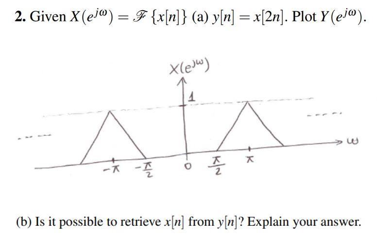 Solved 2. Given X(ejω)=F{x[n]} (a) y[n]=x[2n]. Plot Y(ejω). | Chegg.com