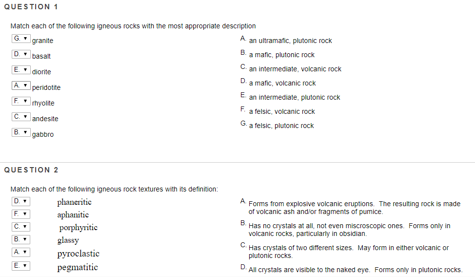 Solved QUESTION1 Match each of the following igneous rocks | Chegg.com