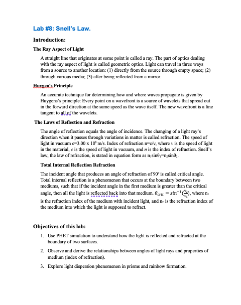 Lab #8: Snell's Law. Introduction: The Ray Aspect of | Chegg.com