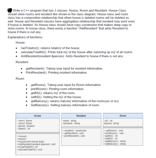 Write a C++ program that has 3 classes: House, Room | Chegg.com