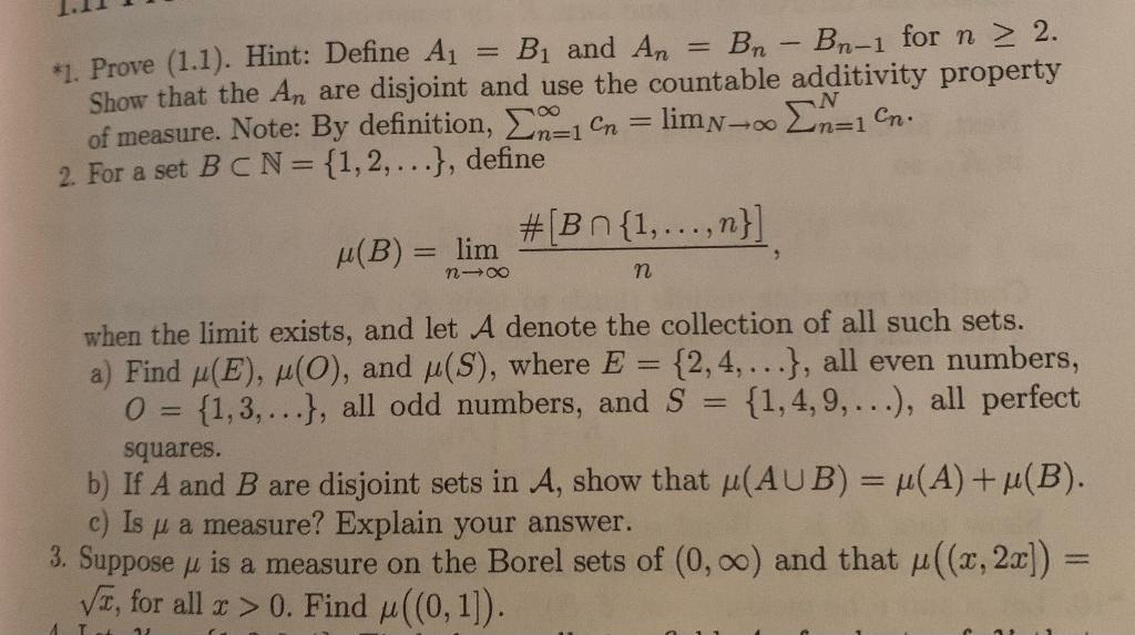 *1. Prove (1.1). Hint: Define A1 = Bi and An Bn - | Chegg.com