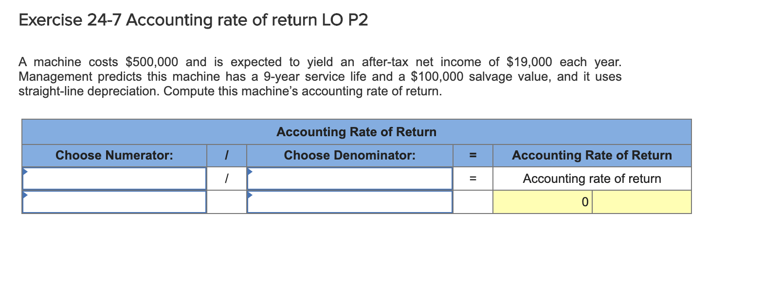 Solved Exercise 24-7 Accounting rate of return LO P2 A | Chegg.com