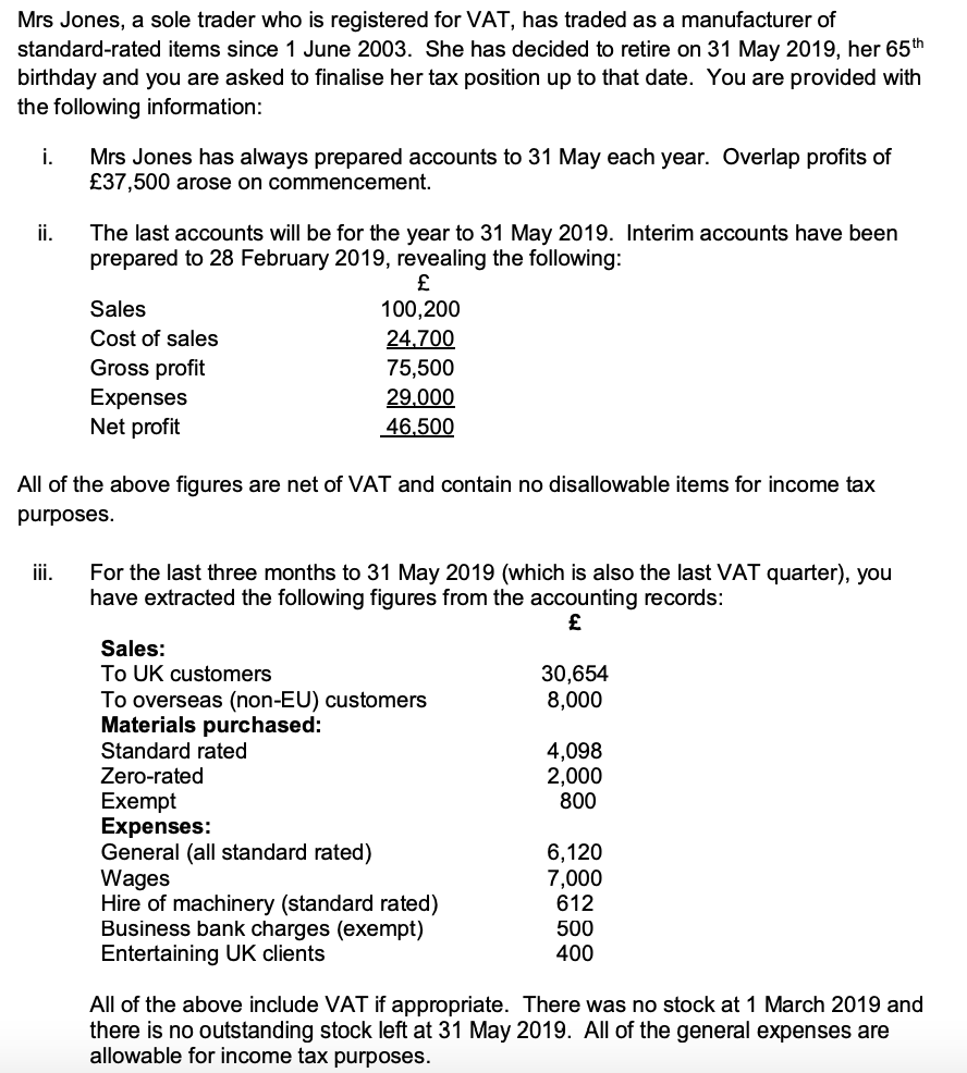 Solved Mrs Jones, a sole trader who is registered for VAT, | Chegg.com