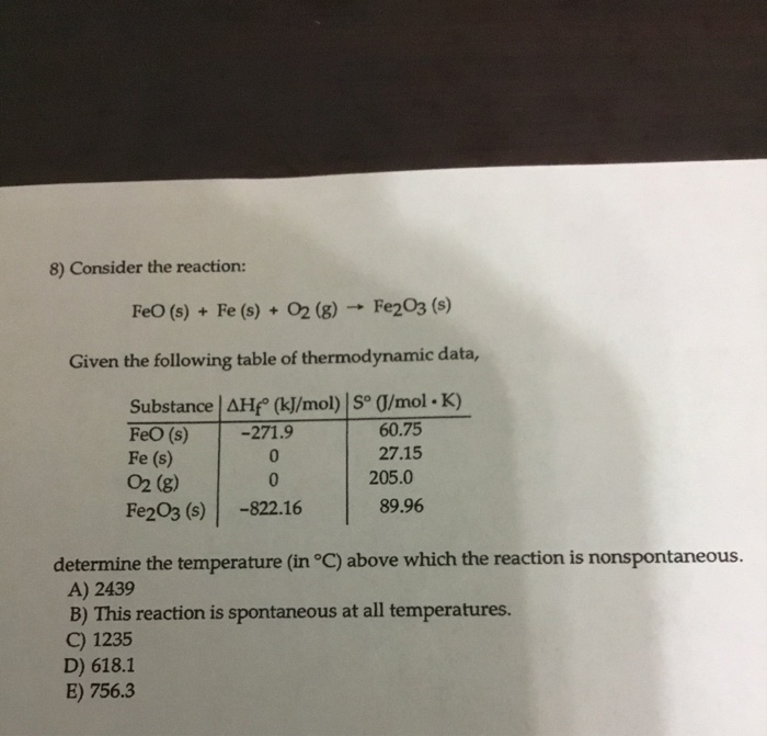 Solved 8) Consider the reaction FeO (s) + Fe (s) + O2 (g) → | Chegg.com