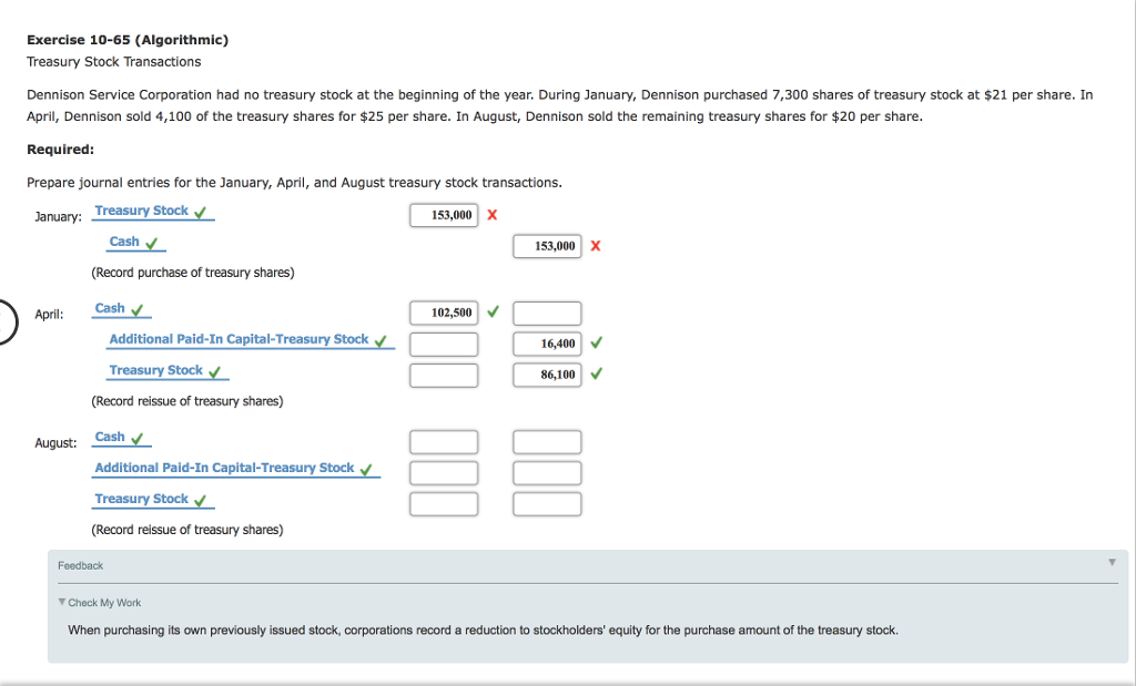 Solved Exercise 10-65 (Algorithmic) Treasury Stock | Chegg.com