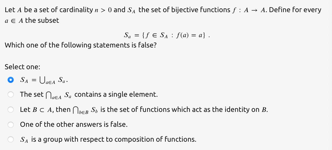 Solved Let A be a set of cardinality n > 0 and SA the set of | Chegg.com