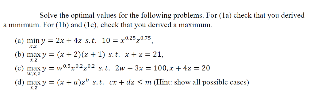Solved Solve the optimal values for the following problems. | Chegg.com