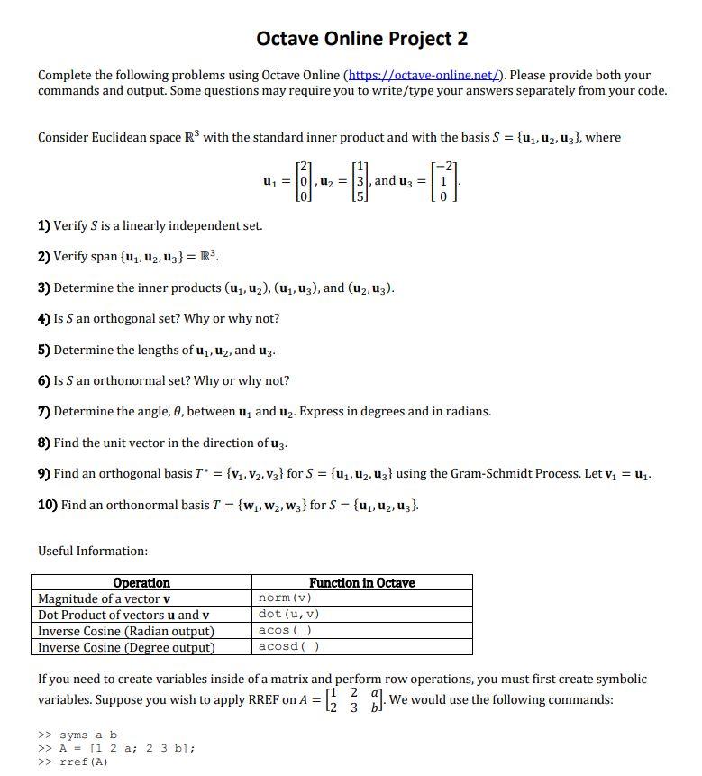 Solved Complete the following problems using Octave Online | Chegg.com
