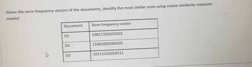 Solved Gruen the term frequency vectors of the documents, | Chegg.com