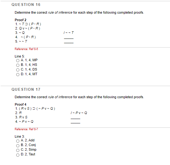QUESTION 16 Determine the correct rule of inference | Chegg.com