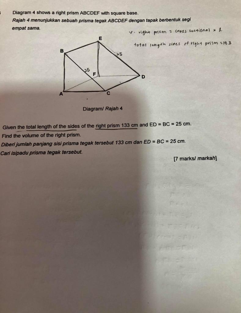Solved Diagram 4 shows a right prism ABCDEF with square | Chegg.com