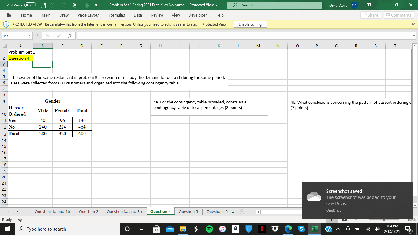Solved AutoSave Off Have Problem Set 1 Spring 2021 Excel | Chegg.com
